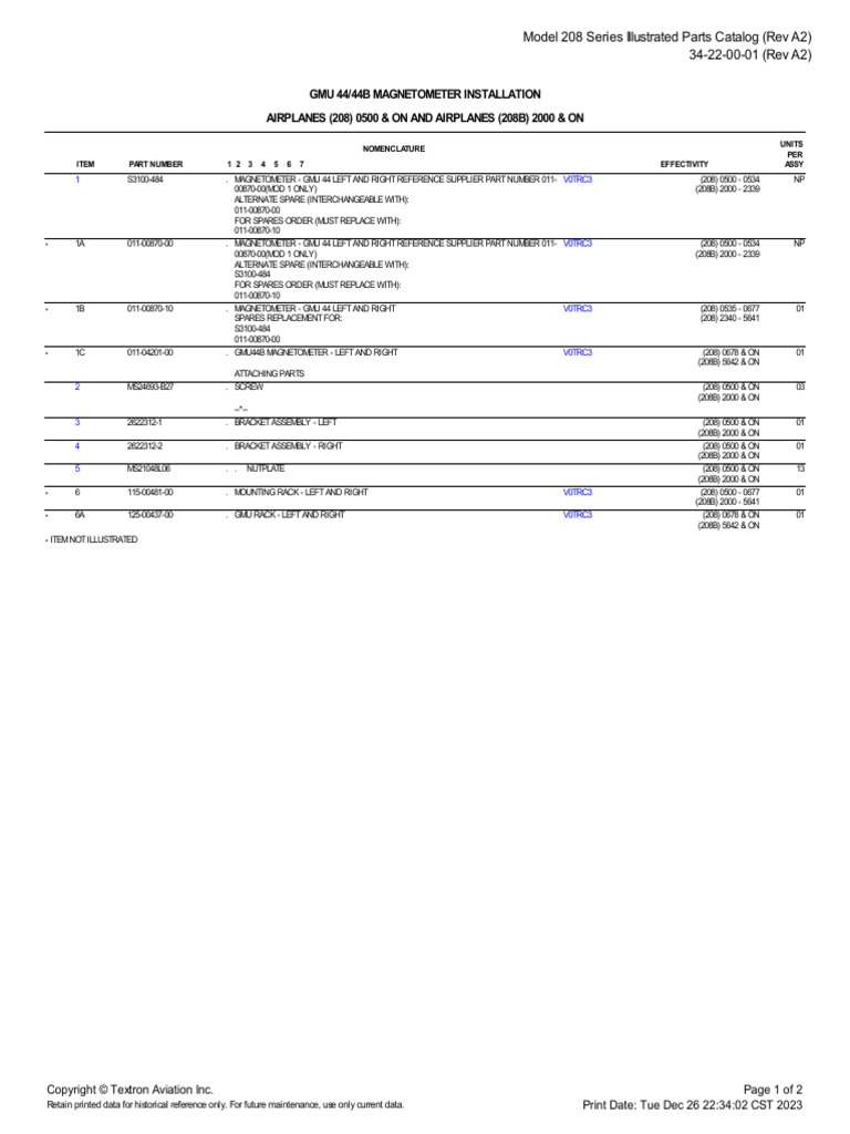 Gmu 44/44B Magnetometer Installation AIRPLANES (208) 0500 & ON AND ...