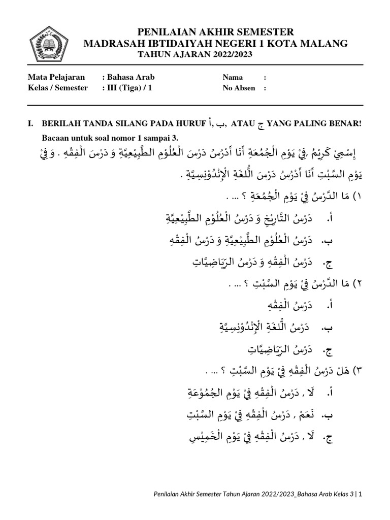 Soal Pas BHS Arab Tapel 2022-2023 Kelas Iii Fix | PDF