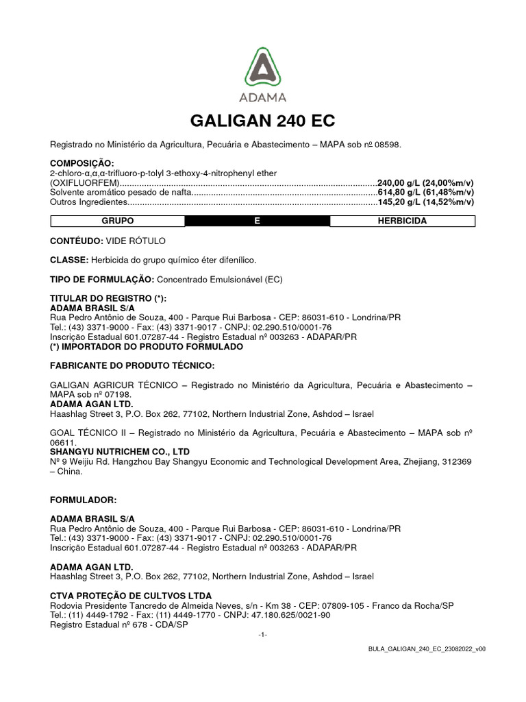 Bula do Herbicida Galigan 240 EC | PDF | Agricultura | Solvente