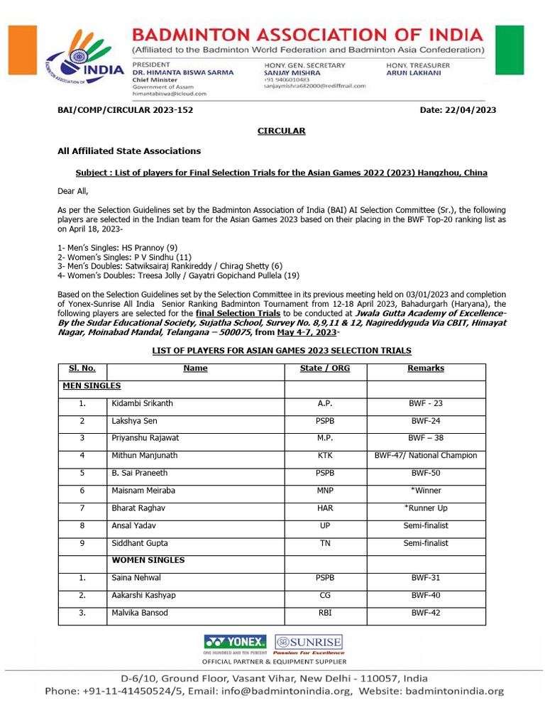 CIRCULAR - Selection Trials Asian Games 2023 | PDF | Sportspeople | Sports
