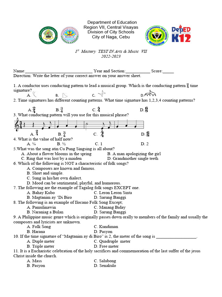 Mastery Test in Arts & Music VII | PDF | Color