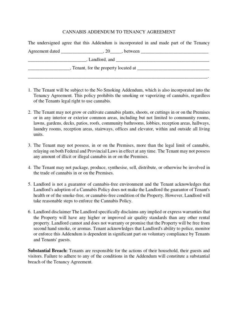 Cannabis Addendum To Tenancy Agreement Pdf Leasehold Estate Landlord