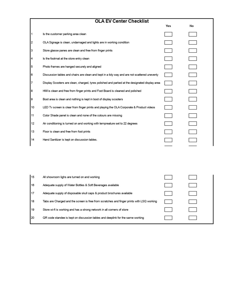 OLA EV Center Checklist | PDF