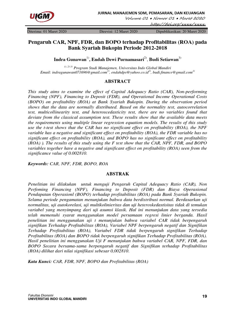 Jurnal - Pengaruh CAR, NPF, FDR, Dan BOPO Terhadap Profitabilitas (ROA) Pada Bank Syariah ...