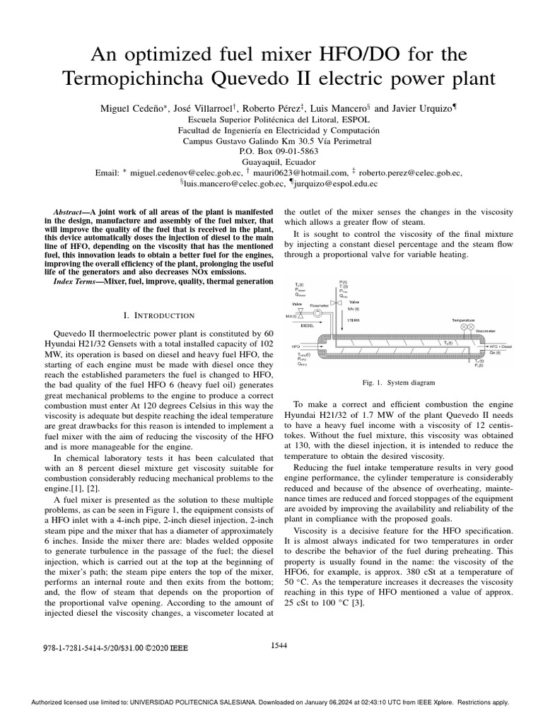 An Optimized Fuel Mixer HFO DO For The Termopichincha Quevedo II ...