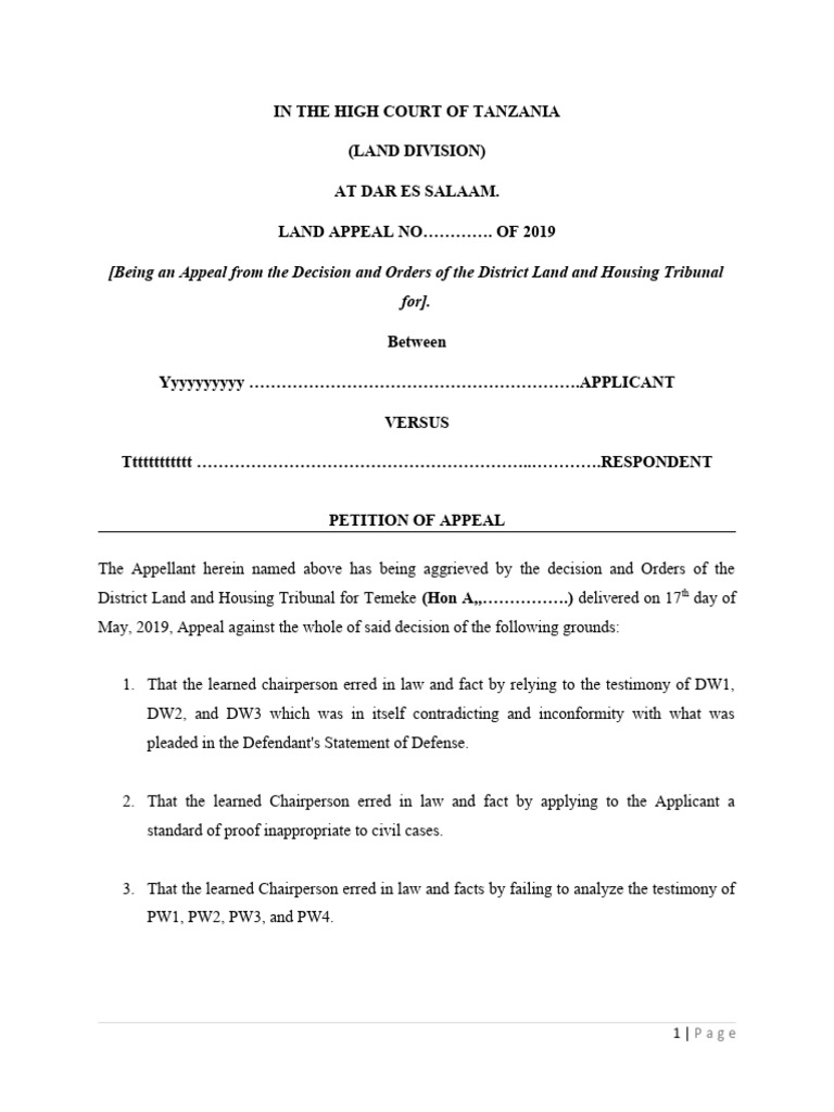 Petition of Appeal in Land Case Tanzania | PDF | Separation Of Powers ...