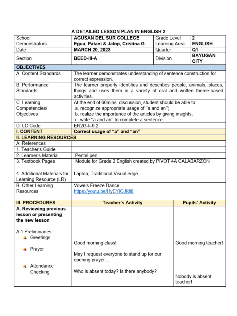 Detailed English Lesson Plan for Grade 2 | PDF | Consonant | Teachers