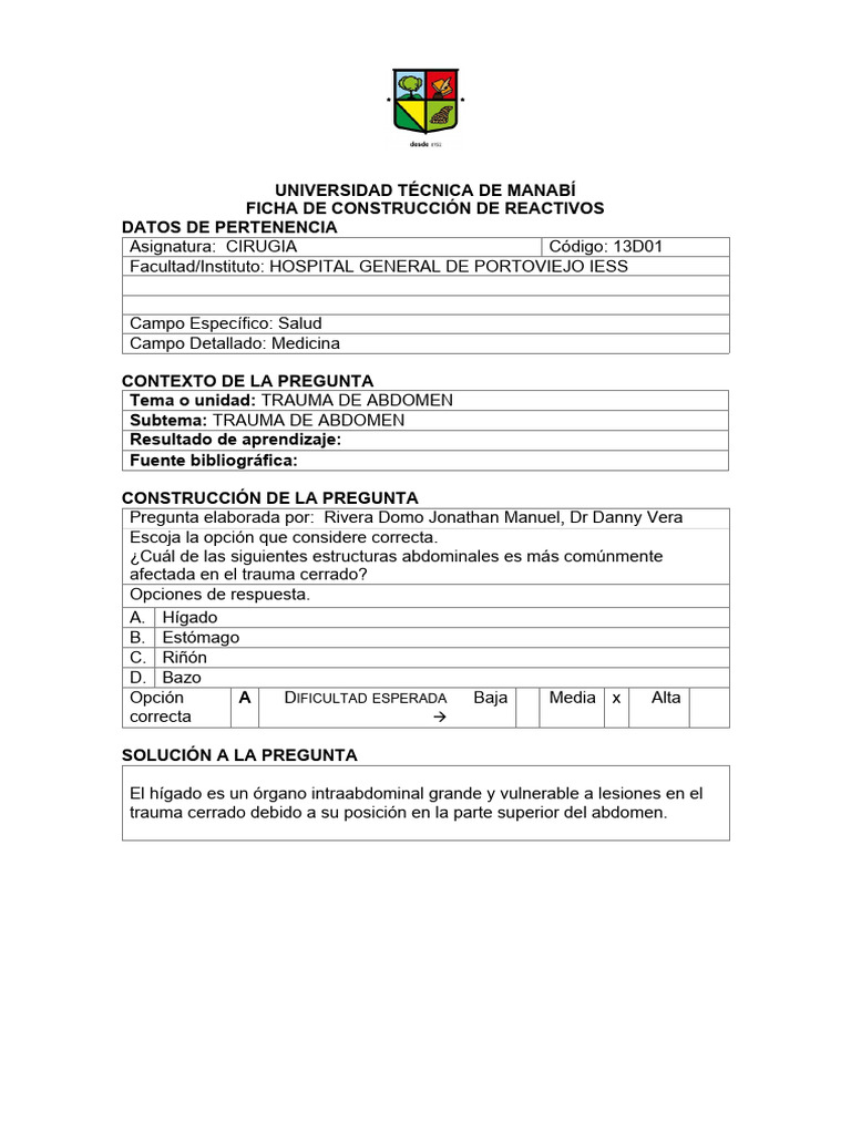 Reactivos de Cirugia Trauma de Abdomen Jonatan Rivera | PDF | Lesión ...