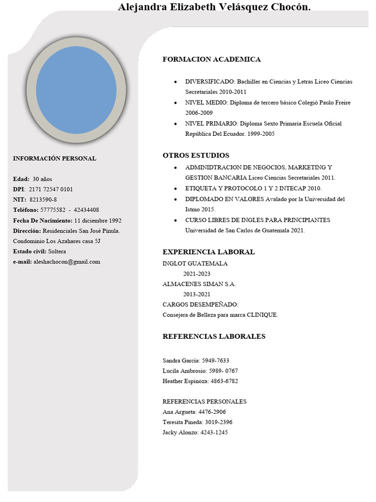 CURRICULUM VITAE Alejandra Elizabeth Velásquez Chocón | PDF