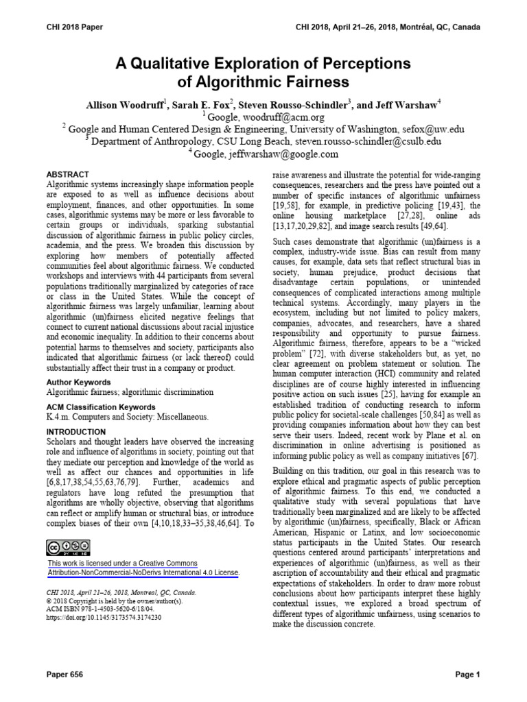 A Qualitative Exploration of Perceptions of Algorithmic Fairness | PDF | Bias | Social Justice