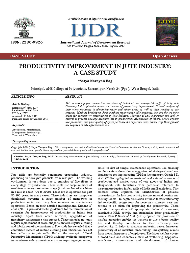 Productivity Improvement in Jute Industry: A Case Study: ISSN: 2230 ...