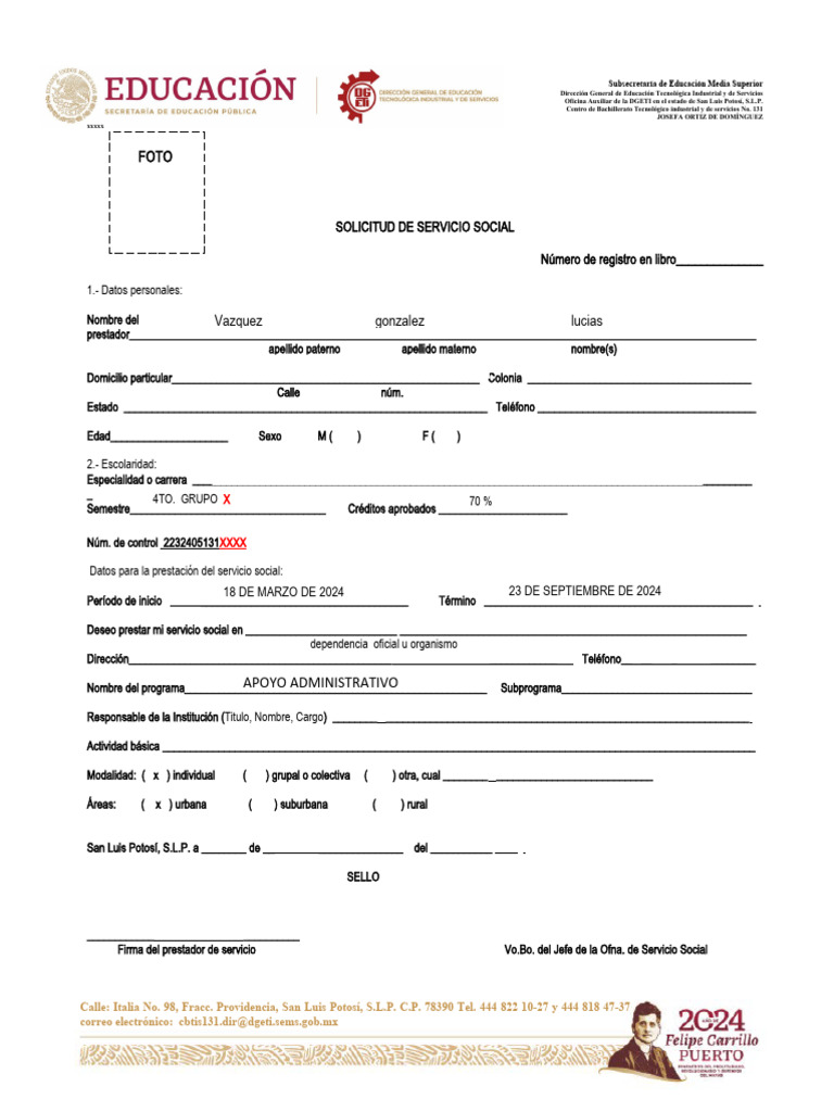 Formatos Registro Serv. Social 2024 | PDF | Educación Secundaria | México