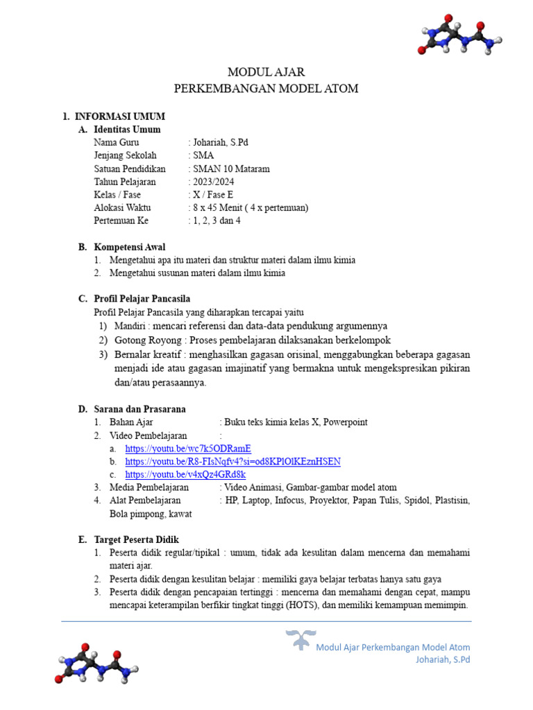 Modul Ajar Teori dan Model Atom | PDF