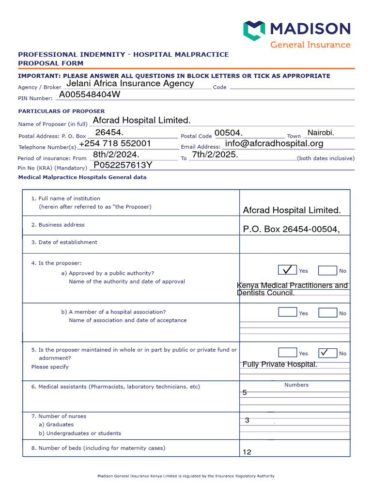 Professional Indemnity (Hospital Malpractice) Proposal Form (1) (2 ...
