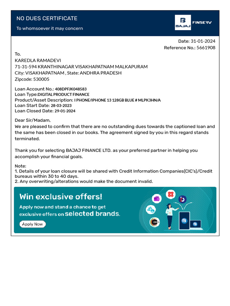 No Dues Certificate. | PDF | Credit Card | Service Industries