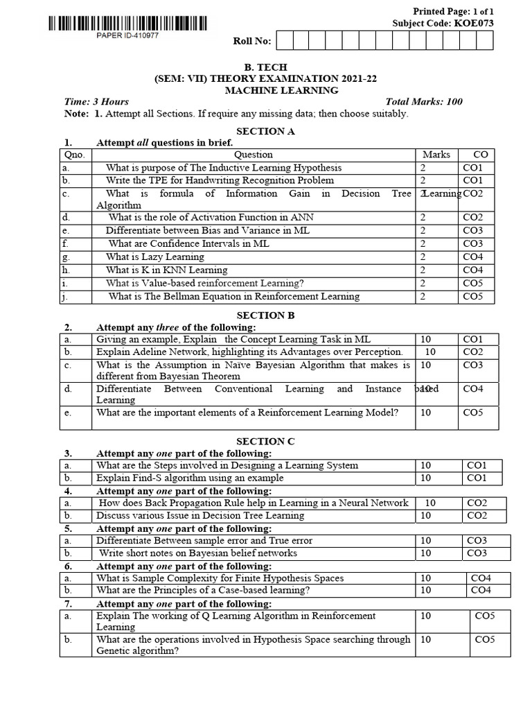 Btech Oe 7 Sem Machine Learning Koe073 2022 | PDF | Machine Learning | Bayesian Inference