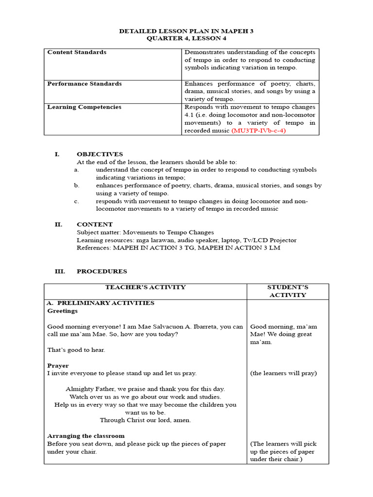 Detailed Lesson Plan in MAPEH | PDF
