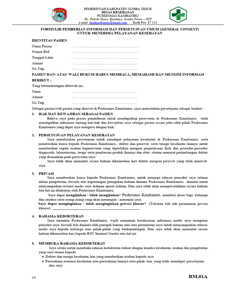 1a. General Consent Pemberian Informasi Dan Persetujuan Umum Rsuim | PDF