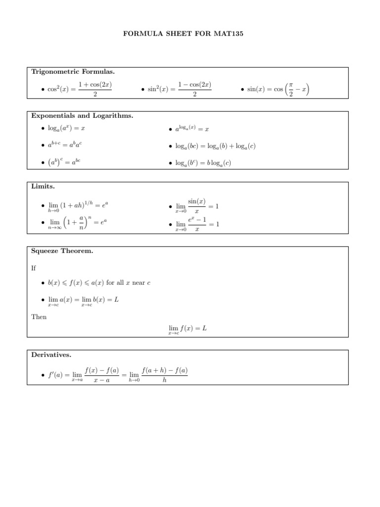 MAT135 Formula Reference Sheet | PDF