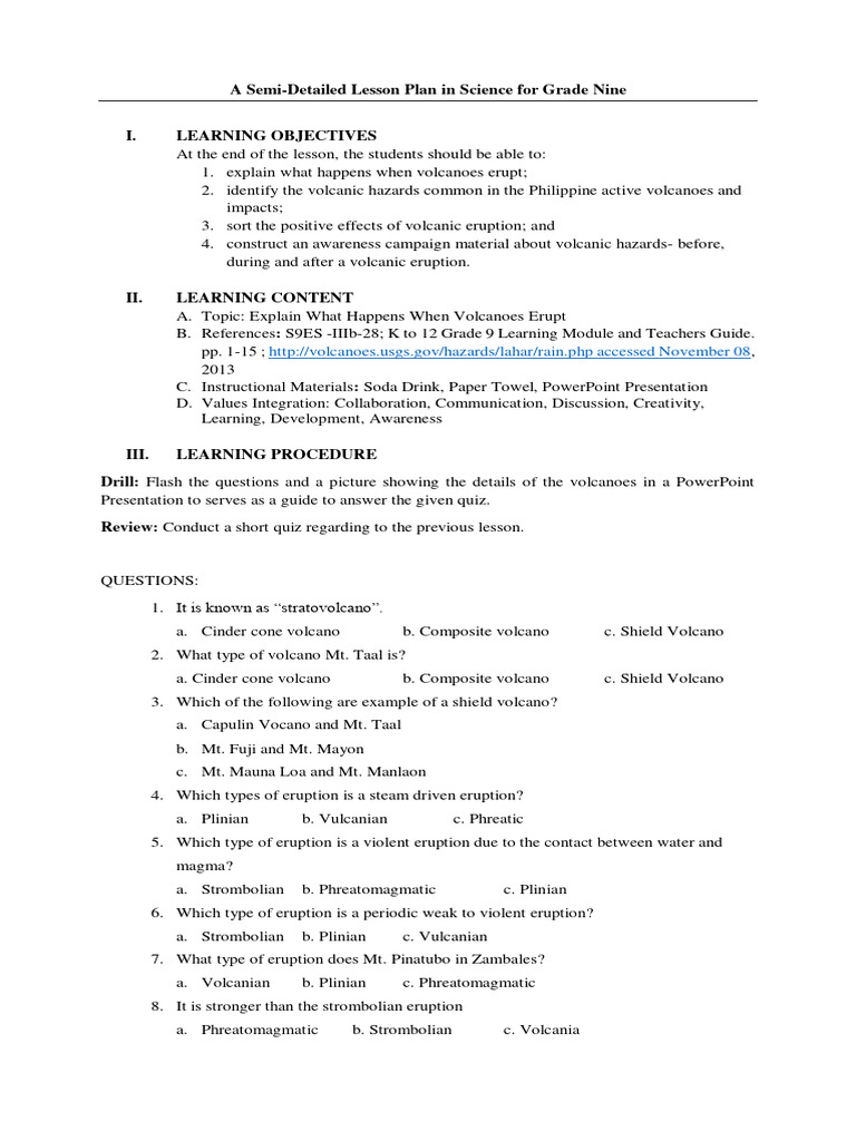 Semi Detailed Lesson Plan Grade 9 Quarter 3 | PDF | Types Of Volcanic ...