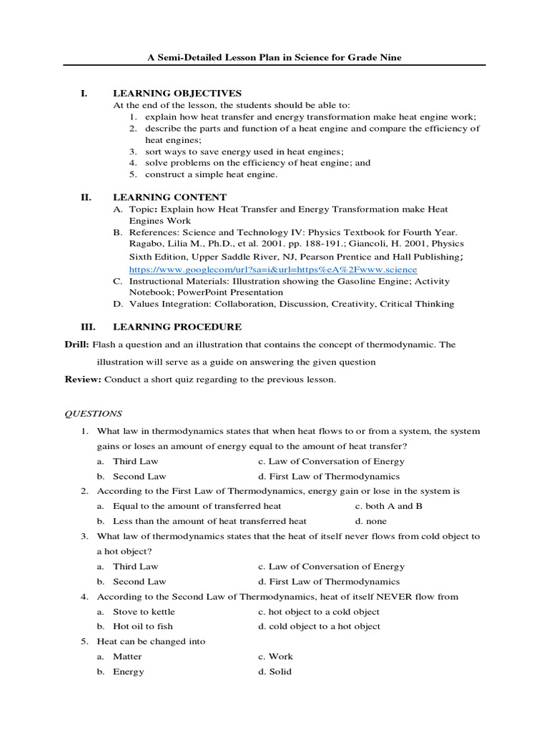 Grade 9 Science: Heat Engines Lesson | PDF | Internal Combustion Engine ...