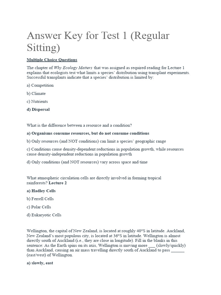 Ecology Test 1 Answer Key | PDF | Atmospheric Circulation | Ecology