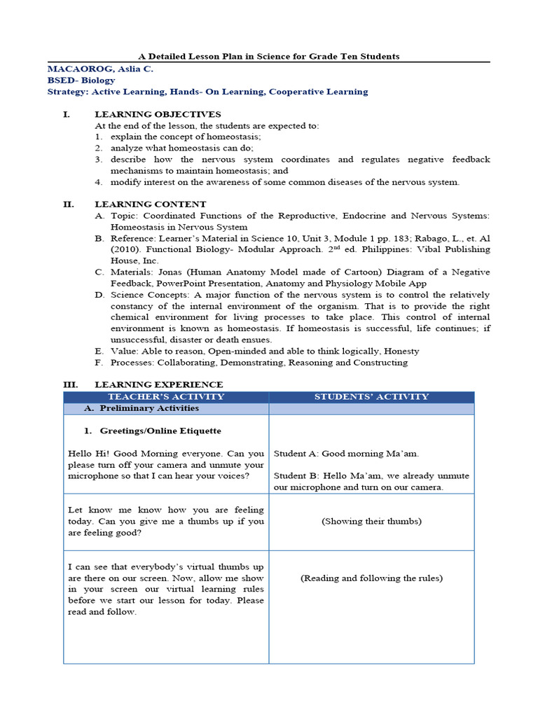 A Detailed Lesson Plan in Science For Grade Ten | PDF | Homeostasis ...