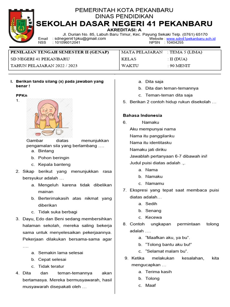 Soal PTS Kelas Ii Tema 5 Tp. 2022-2023 | PDF