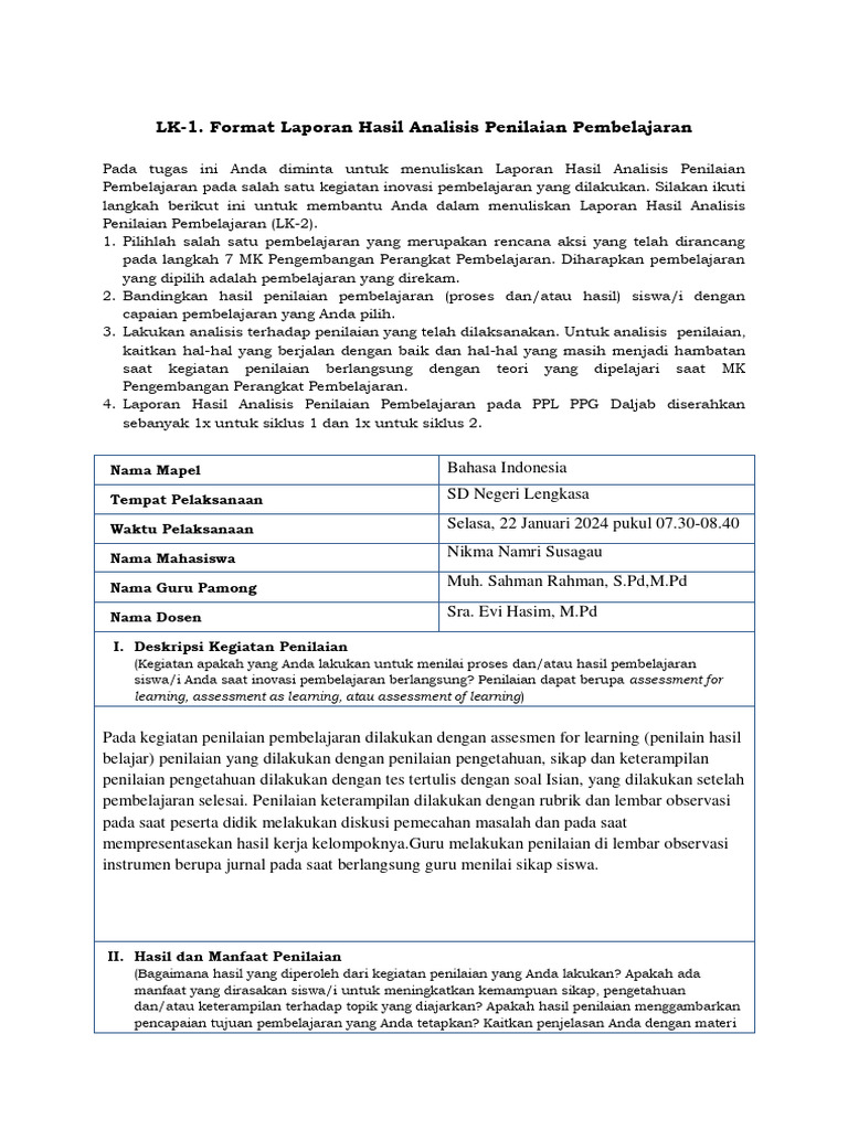 Analisis Penilaian Pembelajaran PBL di SD Lengkasa | PDF