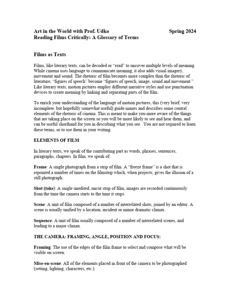 Glossary of Film Terms 2024 - NYU - EXPOS. WRITING | PDF | Camera