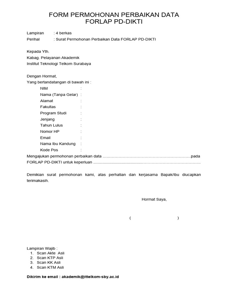 Form Surat Permohonan Perbaikan FORLA PD DIKTI 1 | PDF | Hukum