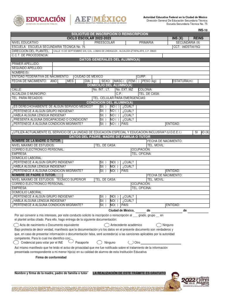 Solicitud Ins-10 22-23 | PDF | Ciudad de México | Educación Secundaria