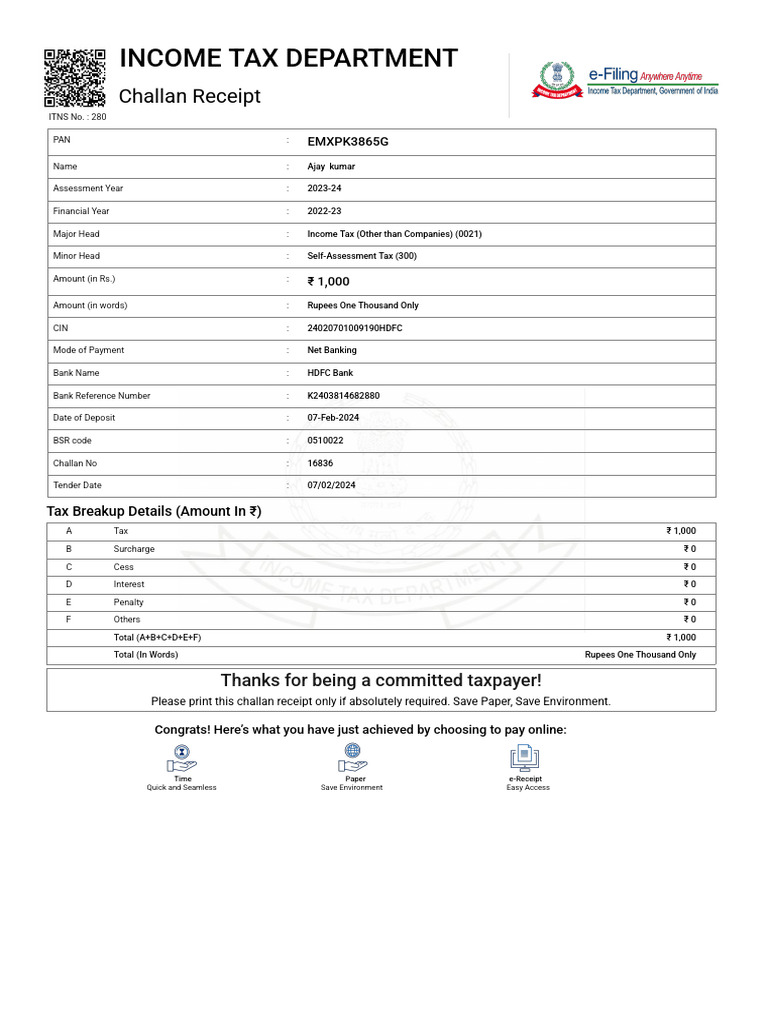 Income Tax Challan Receipt ITNS 280 | PDF | Public Finance | Economies