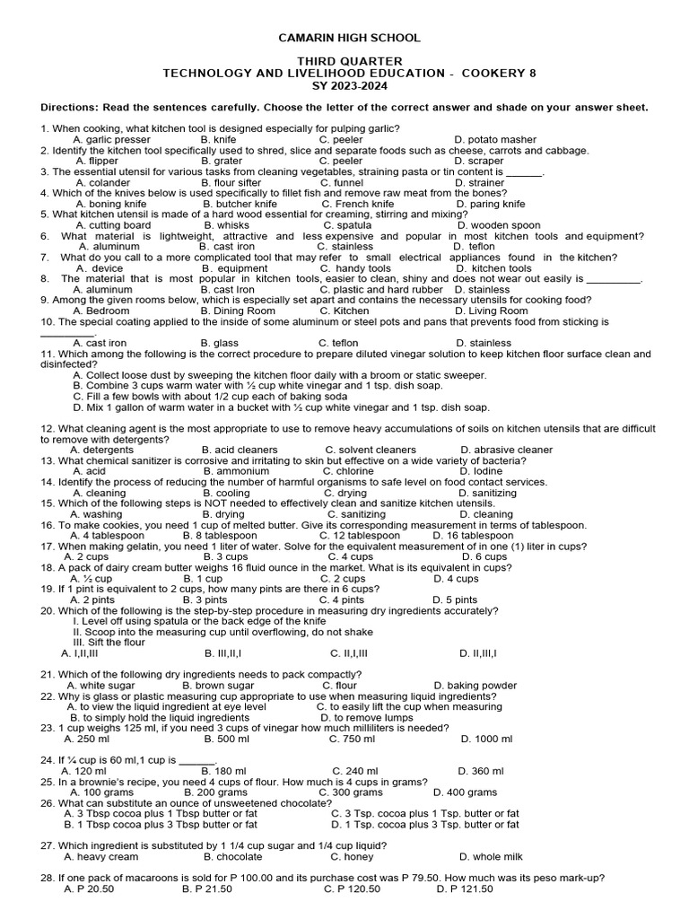 Diagnostic Test Cookery 8 | PDF | Kitchen Utensil | Kitchen