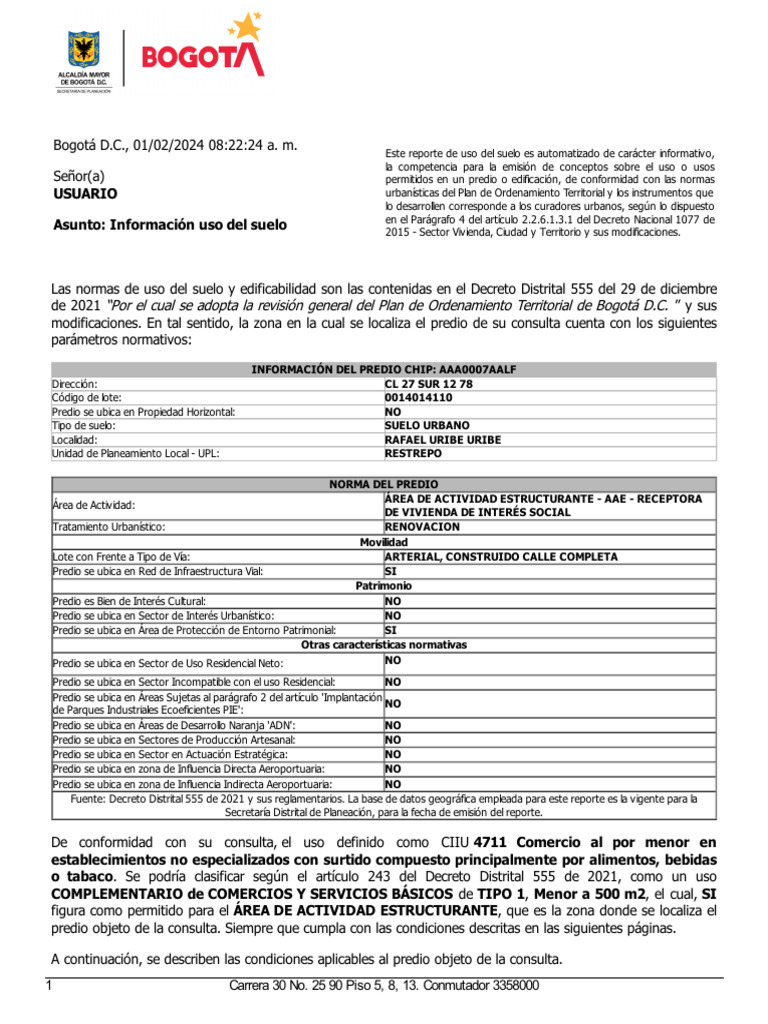 Uso de Suelos Codigo Ciiu 4711 | PDF | Bogotá | Planificación urbana