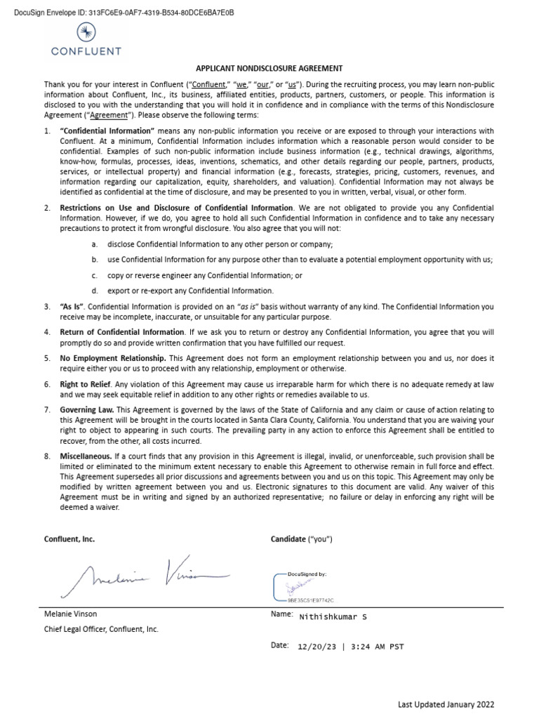 Confluent Global Candidate NDA Signed | PDF | Non Disclosure Agreement ...