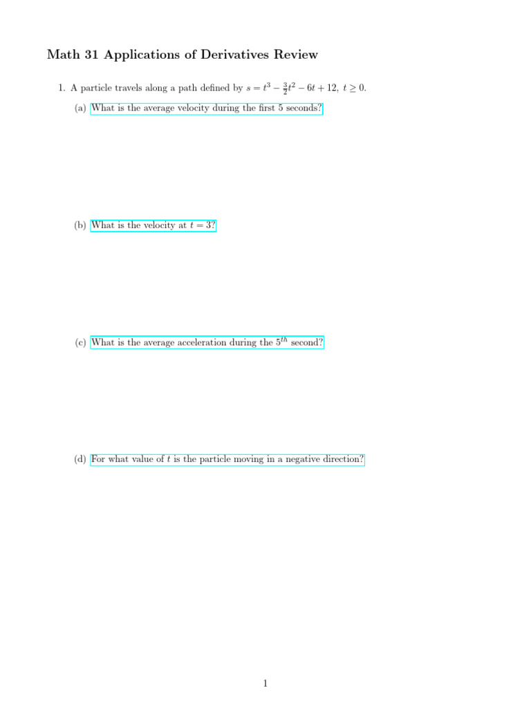 Math 31 Derivatives Applications Review | PDF | Acceleration | Velocity