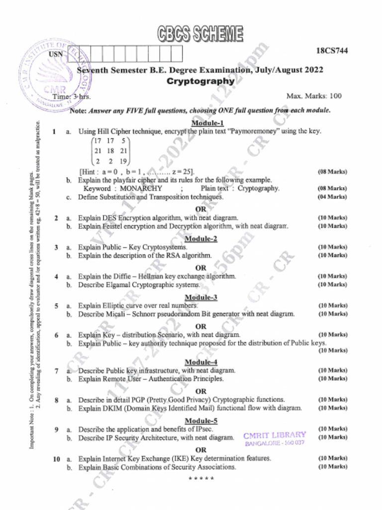 VTU Question Paper of 18CS744 Cryptography June-2022 | PDF