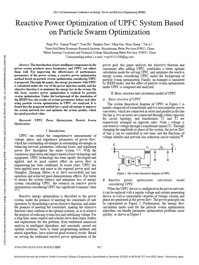 Reactive Power Optimization Of Upfc System Based On Particle Swarm Optimization Pdf