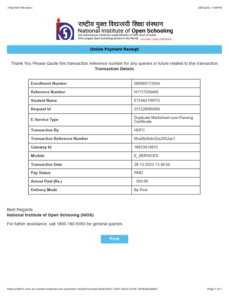 NIOS Dupe. Marks Sheet-Statement | PDF