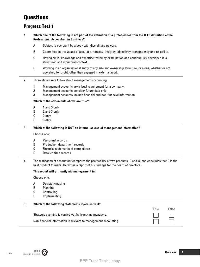 CIMA BA2 Progress Test 1 Qs | PDF | Management Accounting | Accounting