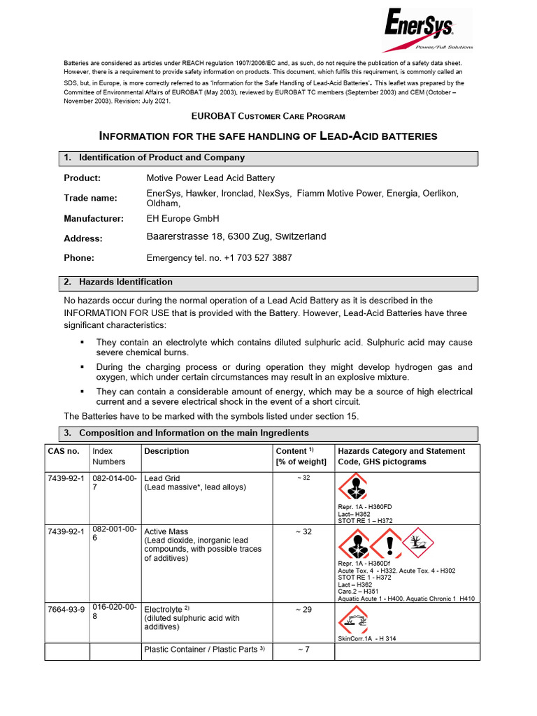 EnerSys Information For The Safe Handling of Motive Power Pb-Acid ...