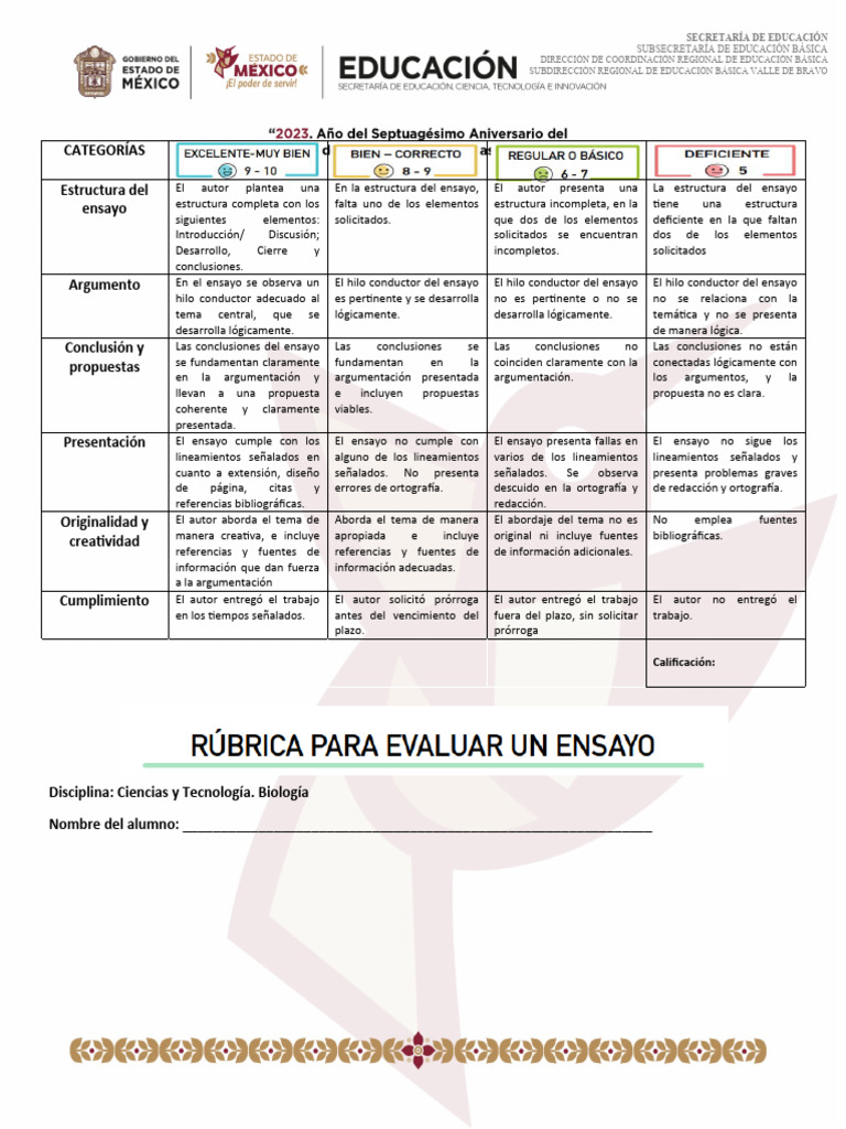 Rubrica para Ensayo | PDF | Ensayos | Educación primaria