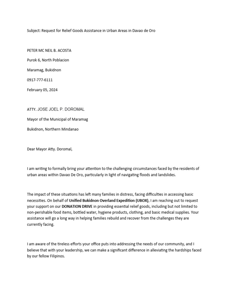 Request for Relief Goods Assistance | PDF