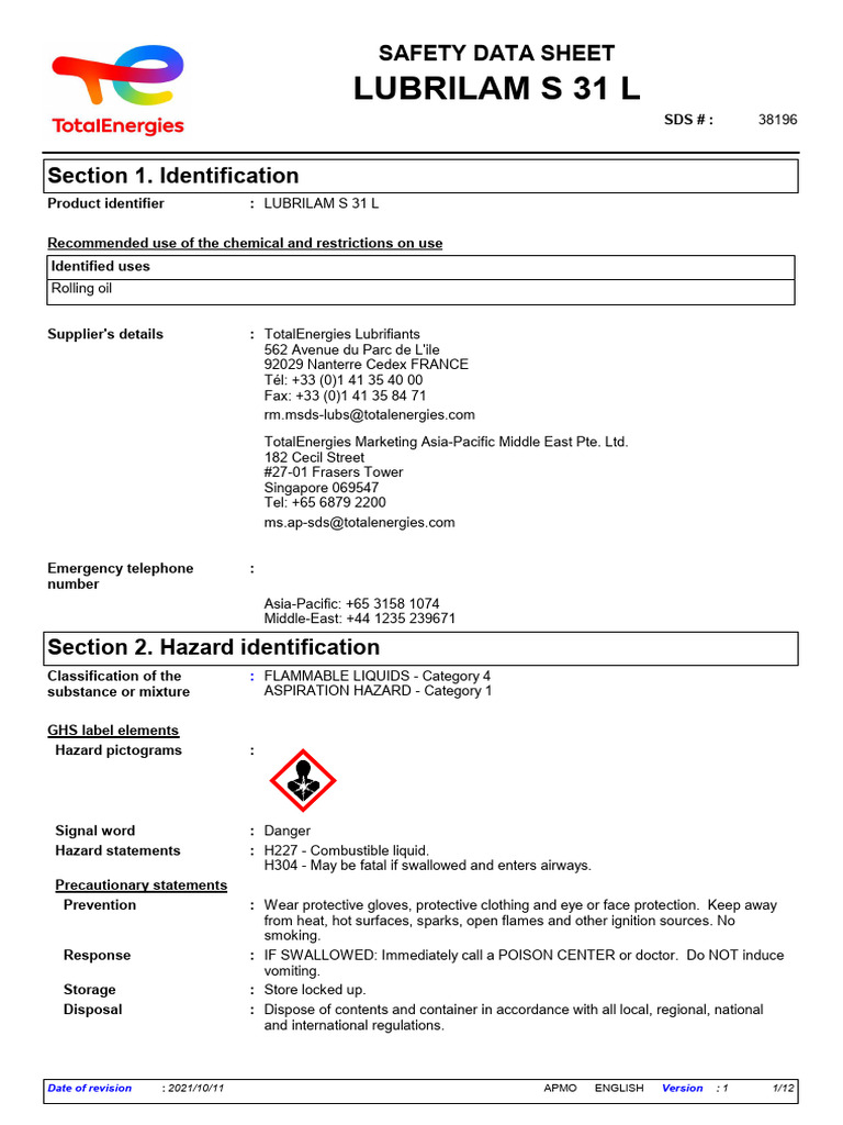 Msds S 31 L | PDF | Occupational Safety And Health | Safety