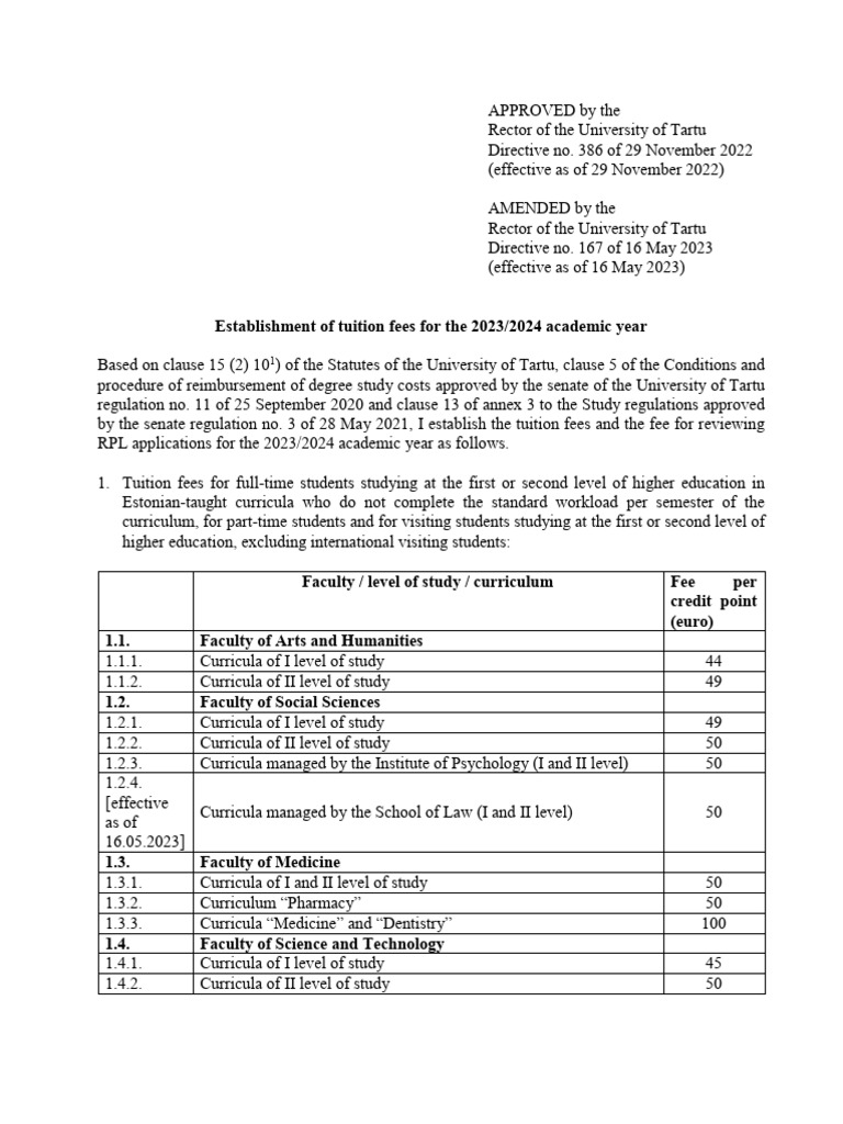Effective As of 16 May 2023 Establishment of Tuition Fees For The 2023 2024 Academic Year | PDF ...