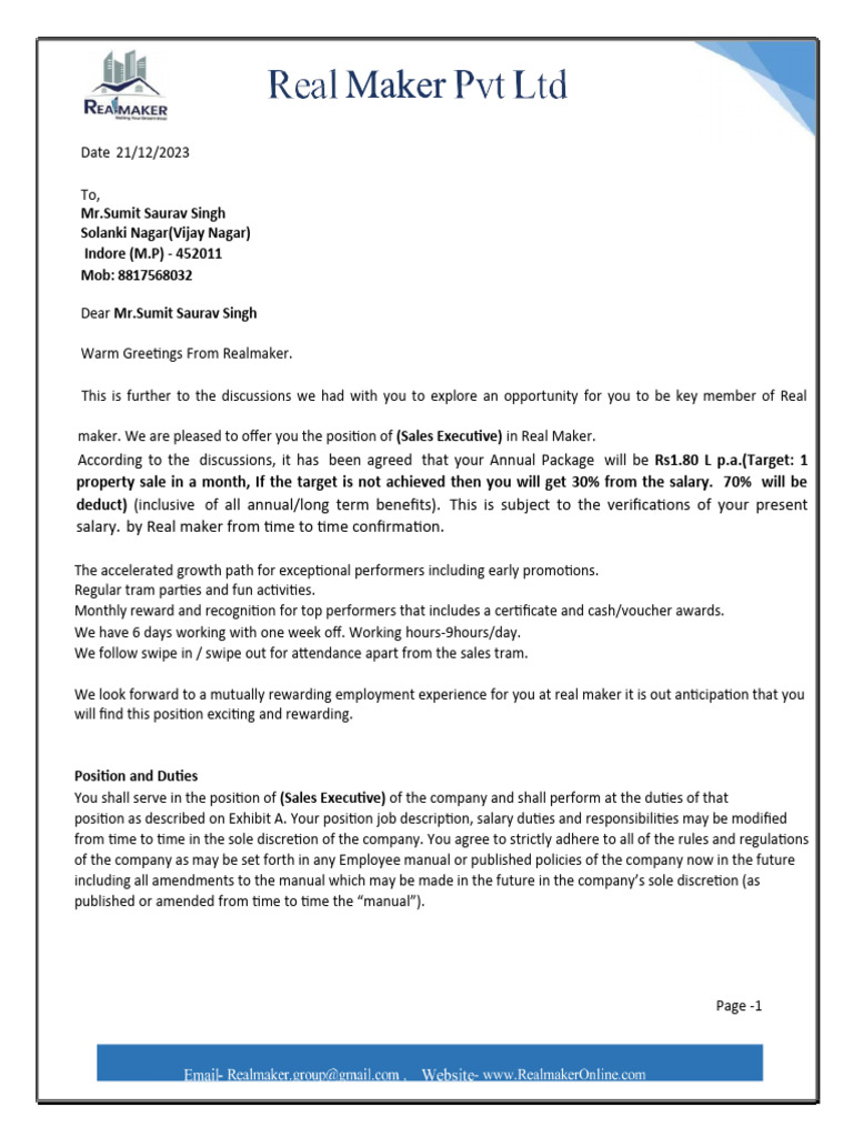 Sumit Saurav Singh Offer Letter | PDF | Career & Growth | Business