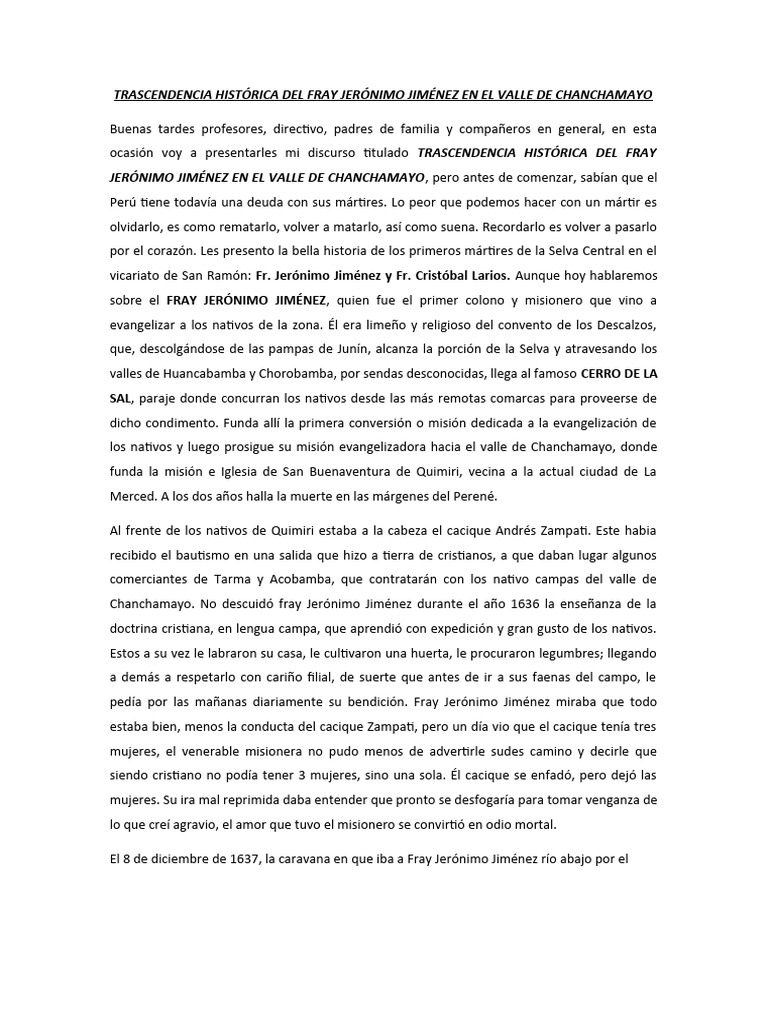 Trascendencia Histórica Del Fray Jerónimo Jiménez en El Valle de ...