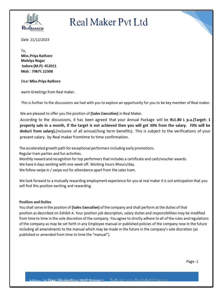 Priya Rathore Offer Letter | PDF | Business