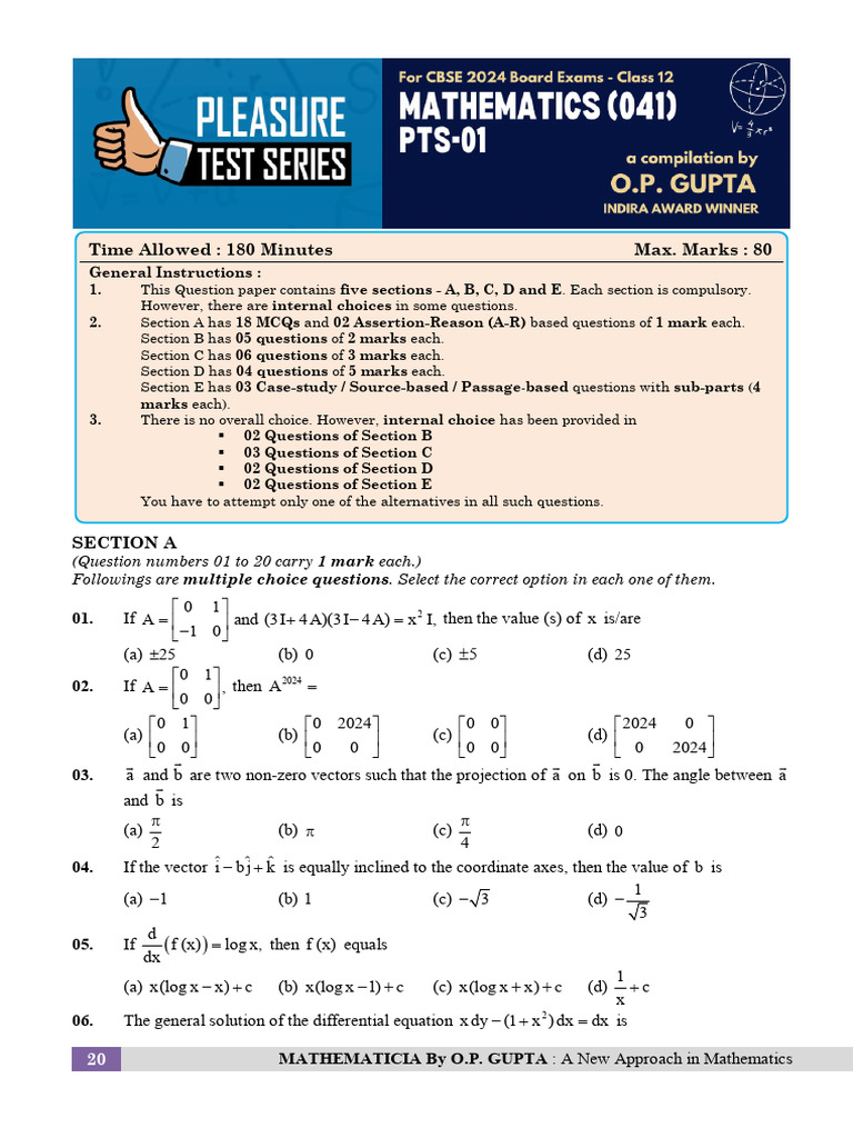 XII-PTS-01 (2023-24) - by O.P. GUPTA | PDF | Function (Mathematics) | Equations